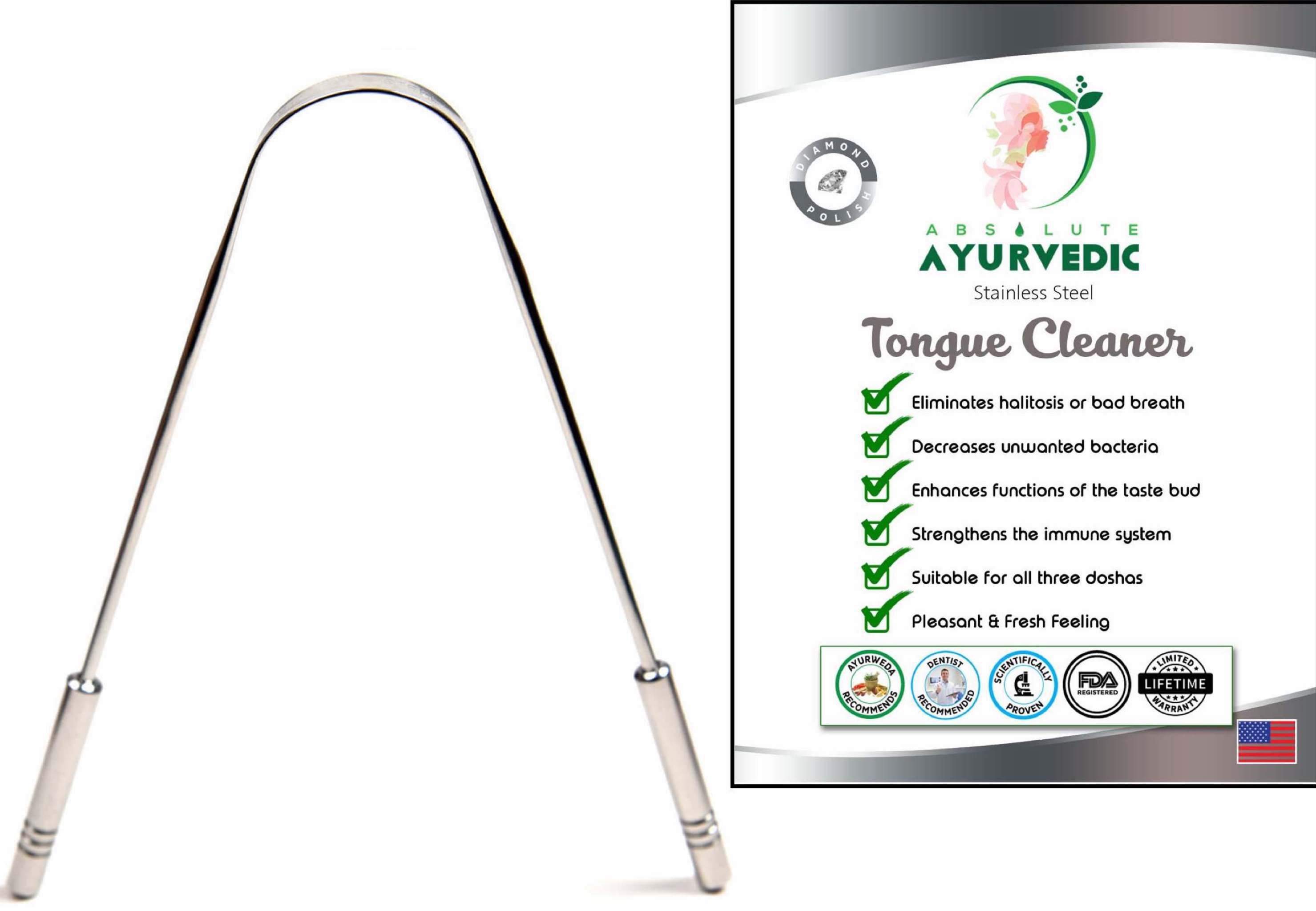 Absolute Ayurvedic Stainless Steel Long Handle Tongue Scraper Cleaner ...