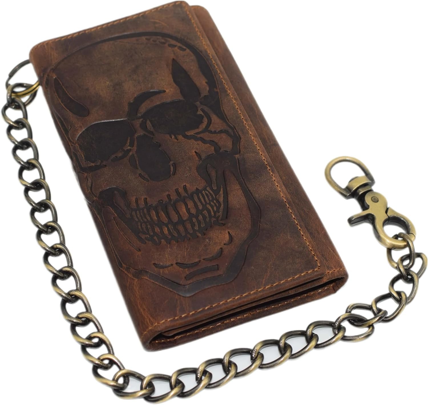 Biker Skull Chain Wallet RFID Signal Blocking Men's Vintage Leather ...